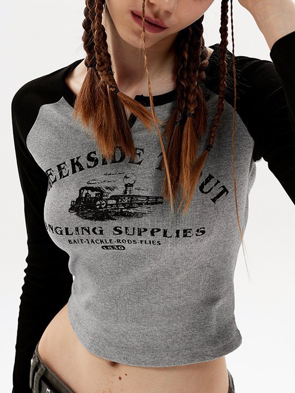 Emmiol Free shipping 2024 Vintage Raglan Long Sleeve Crop Top Gray S in ...