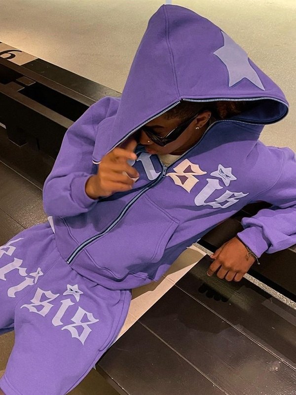 2022 Men's Letter Star Graphic Zip Up Hoodie Purple L In Hoodies Online ...