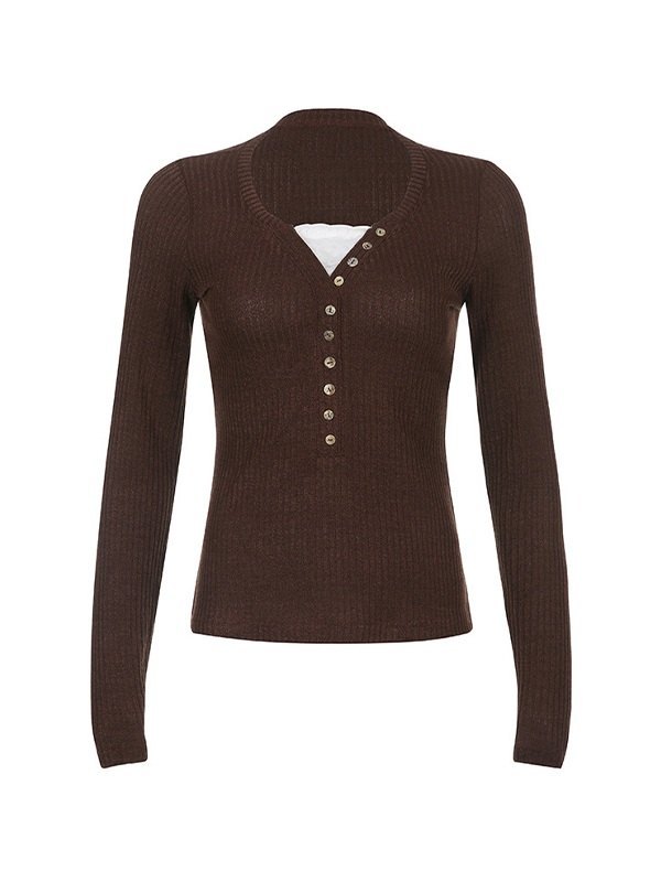 2022 Lace Paneled Button Long Sleeve Knit Top Brown S In Knits Online ...