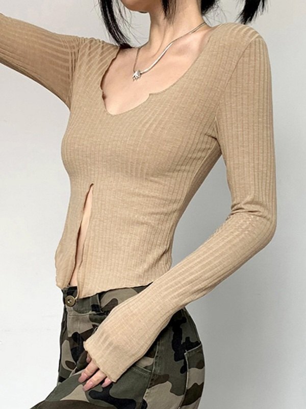 Emmiol Free shipping 2025 Split Long Sleeve Knit Crop Top Khaki S in ...