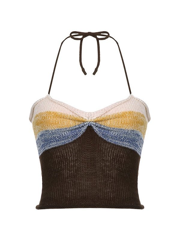 Emmiol Free shipping 2026 Color Block Crochet Knit Halter Crop Cami Top ...