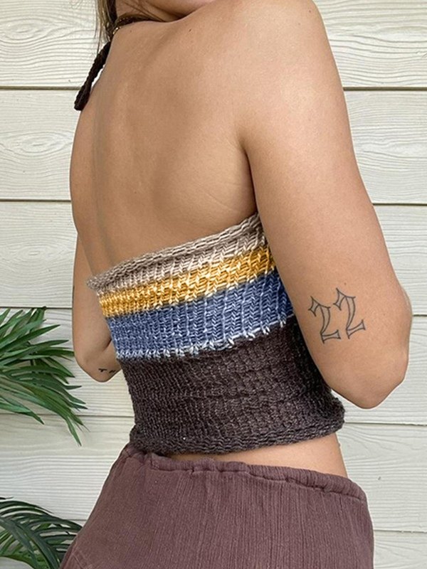Emmiol Free shipping 2026 Color Block Crochet Knit Halter Crop Cami Top ...