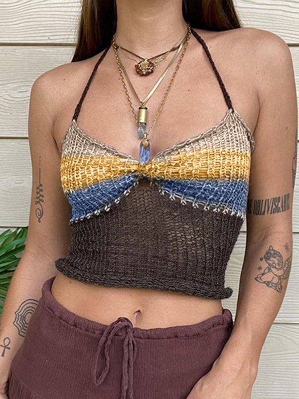 Emmiol Free shipping 2025 Color Block Crochet Knit Halter Crop Cami Top Brown S in Tank Tops ...