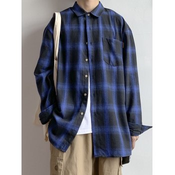 Emmiol Free shipping 2025 Men's Preppy Checkered Long Sleeve Shirt Blue ...