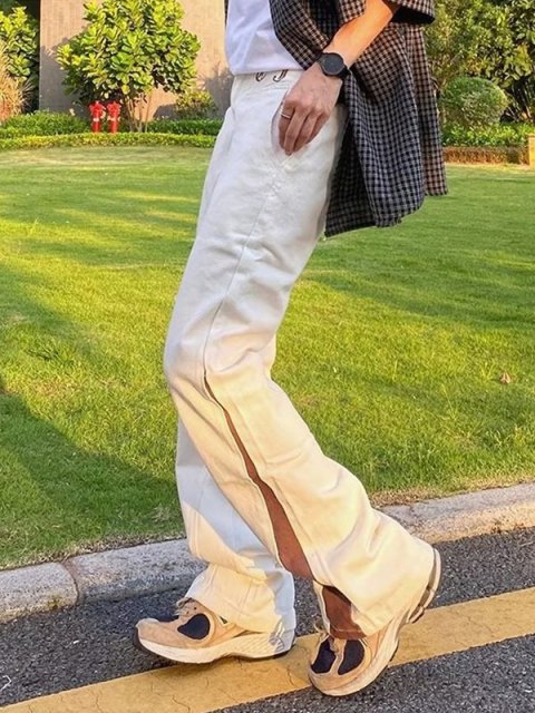 2022 Men's Washed Side Patchwork Loose Jeans Yellow XL In Loose Jeans ...