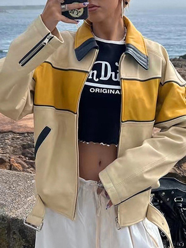 Emmiol Free shipping 2025 Color Block Pu Leather Moto Jacket Yellow S ...