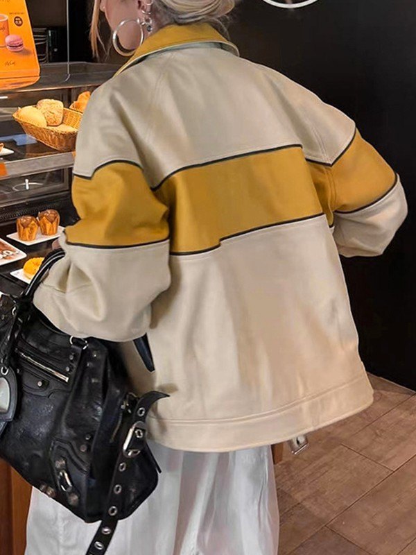 Emmiol Free shipping 2025 Color Block Pu Leather Moto Jacket Yellow S ...