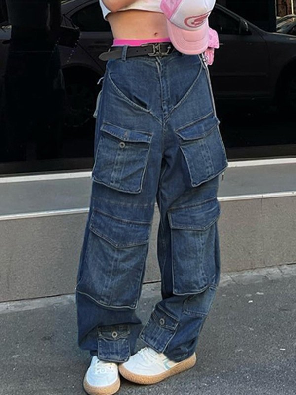 Emmiol Free shipping 2025 Pocket Patchwork Baggy Cargo Jeans Blue L in Cargo Jeans online store ...