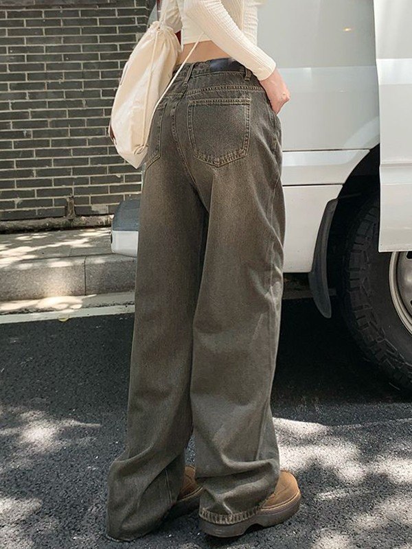 Emmiol Free shipping 2025 Tie Strap Vintage Baggy Boyfriend Jeans Green L in Boyfriend Jeans ...