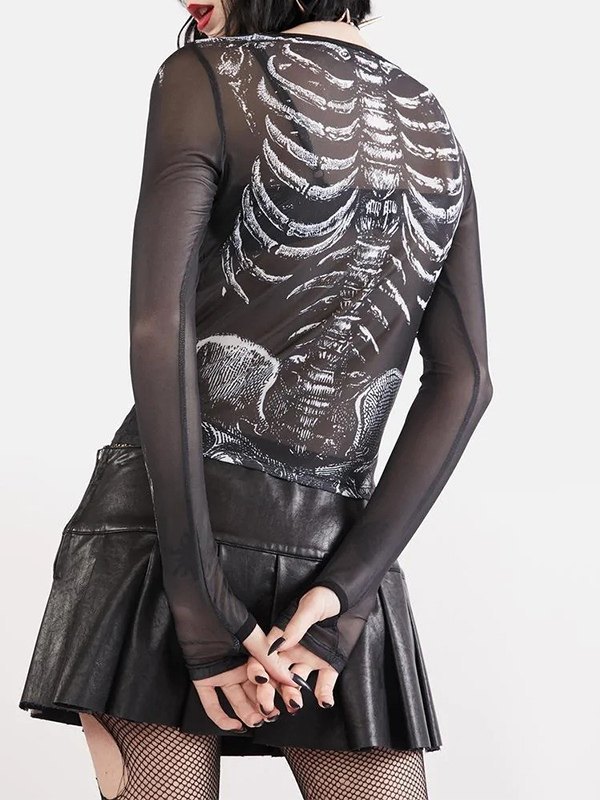 Emmiol Free shipping 2023 Skeleton Mesh Black Long Sleeve Crop Top ...