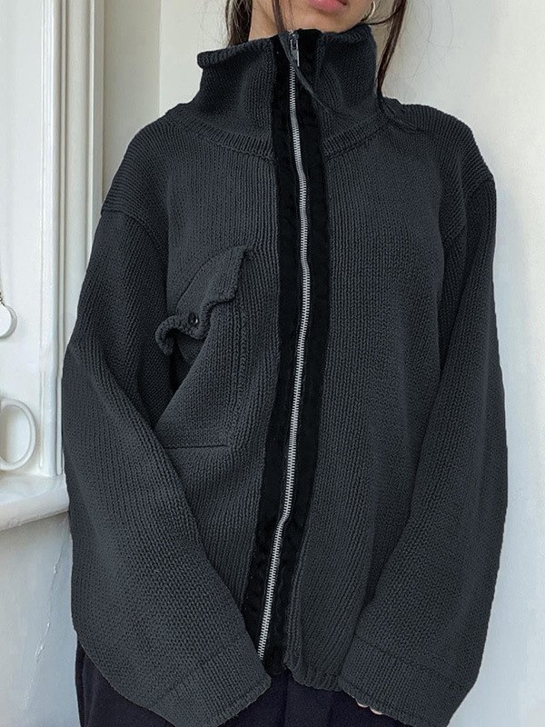 Emmiol Free shipping 2026 Pocket Front High Neck Zip Up Cardigan Dark ...