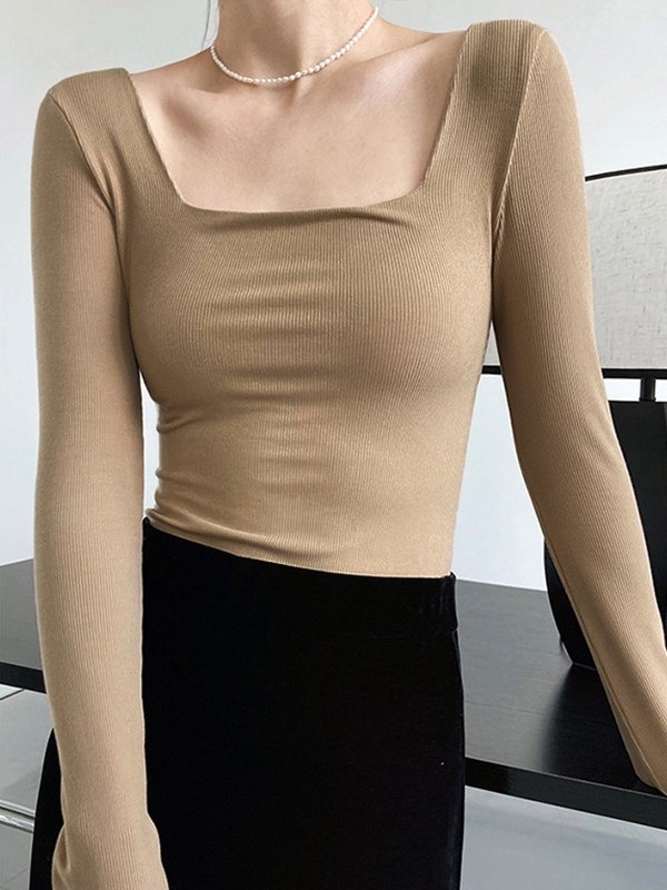 Emmiol Free shipping 2025 Square Neck Long Sleeve Ribbed Knit Top Khaki ...