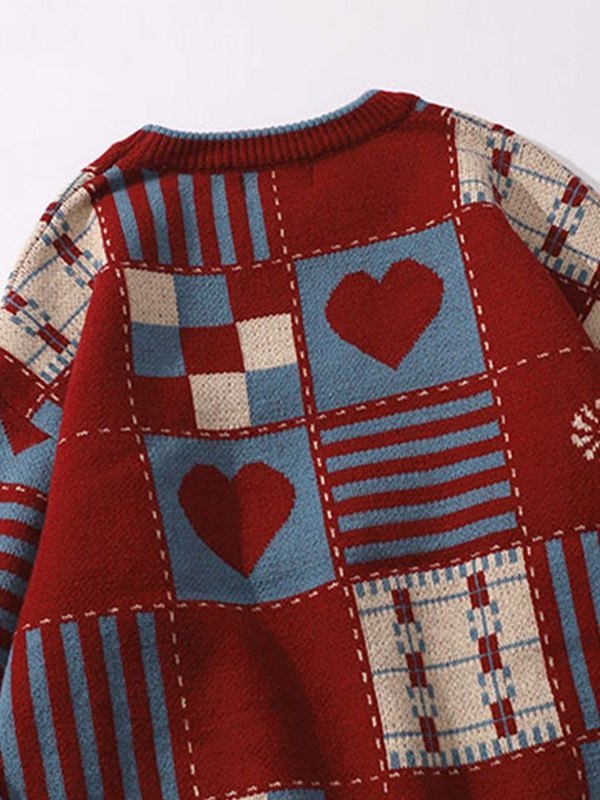 Emmiol Free shipping 2026 Men's Vintage Checkered Heart Jacquard Knit ...