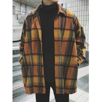 Emmiol Free shipping 2025 Men's Woolen Checkered Shirt Jacket Yellow M ...