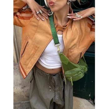 Emmiol Free shipping 2025 Paneled Striped Faux Leather Jacket Yellow S ...