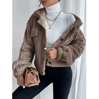 Emmiol Free shipping 2025 Solid Color Button Up Fuzzy Jacket Brown S in ...