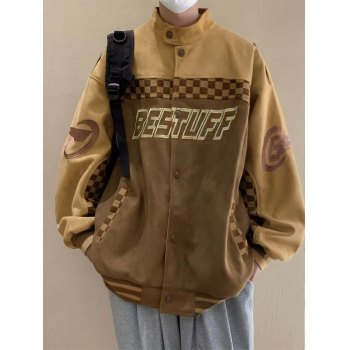 Emmiol Free shipping 2025 Men's Checkered Patchwork Suede Varsity ...