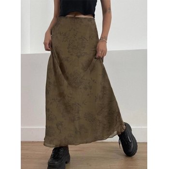 Emmiol Free shipping 2024 Vintage Mesh Floral Brown Maxi Skirt Brown S ...