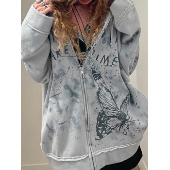 Emmiol Free shipping 2025 Splash Butterfly Print Zip Up Hoodie Gray L ...