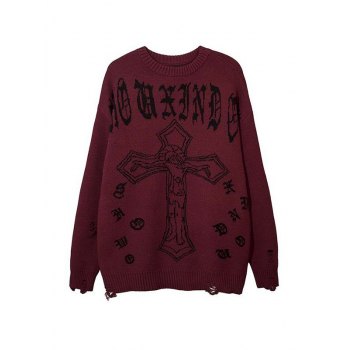 Emmiol Free shipping 2026 Men's Gothic Punk Cross Distressed Sweater ...