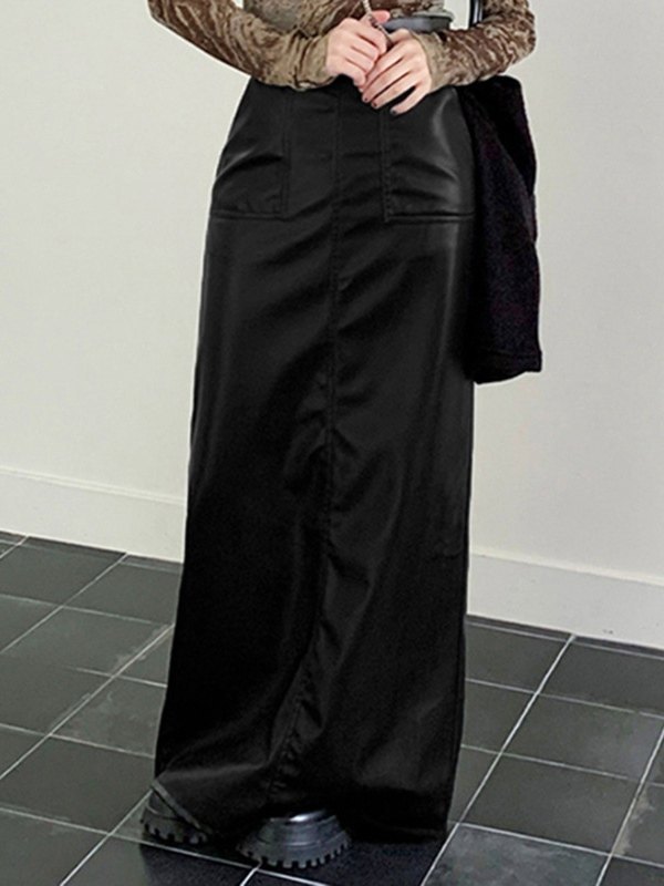 Emmiol Free shipping 2025 Back Slit Pu Leather Maxi Skirt Black S in ...