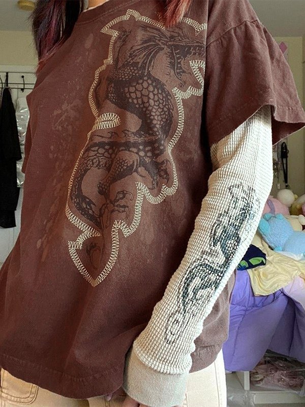 Emmiol Free shipping 2025 Patchwork Dragon Print Long Sleeve Top Brown ...