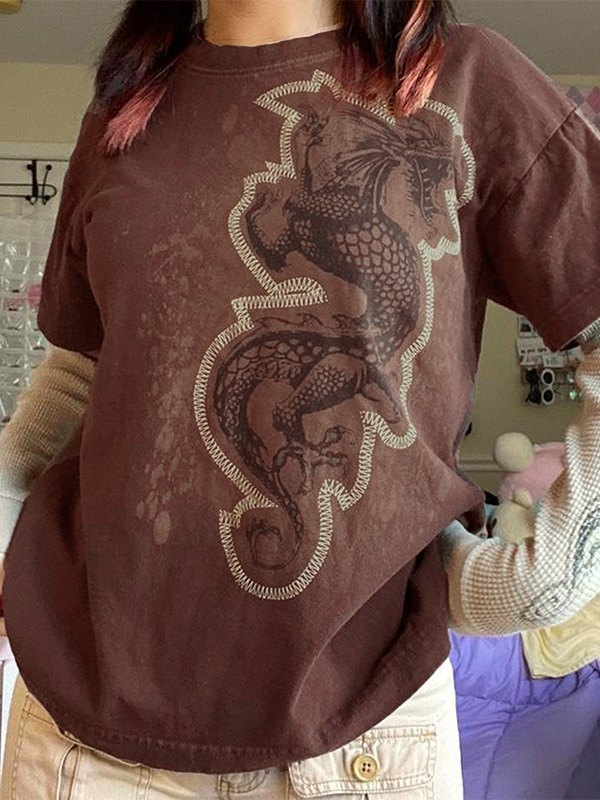 2022 Patchwork Dragon Print Long Sleeve Top Brown S In Long Sleeves ...