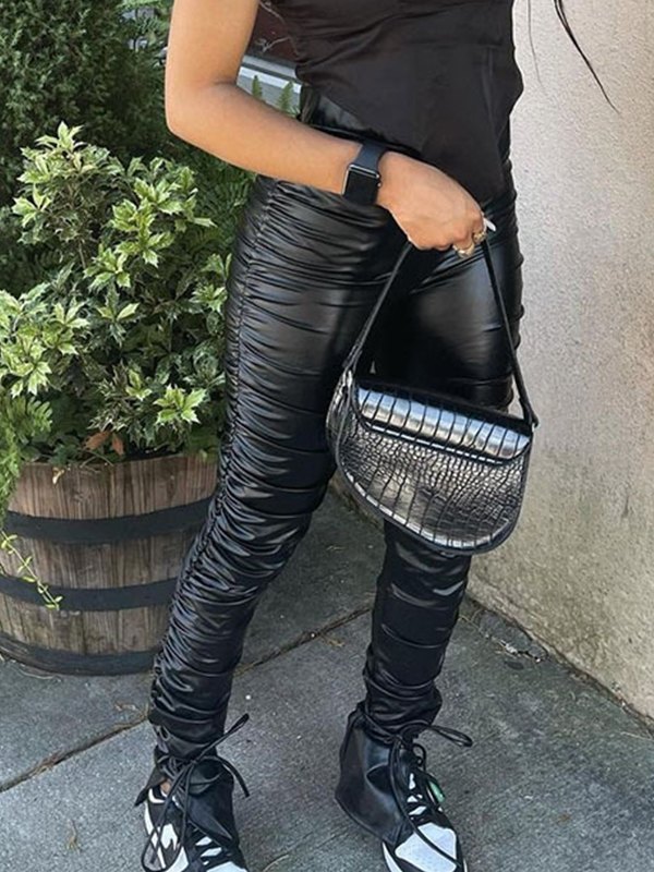 Emmiol Free shipping 2023 Split Stacked Slim Pu Leather Pants Black S ...