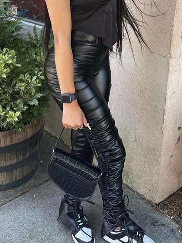 Emmiol Free shipping 2023 Split Stacked Slim Pu Leather Pants Black S ...