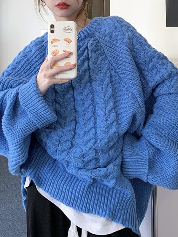 Emmiol Free shipping 2023 Blue Cable Knit Pullover Sweater Blue ONE ...