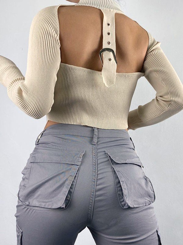 Emmiol Free shipping 2023 Backless Striped Zip Up Cropped Cardigan ...