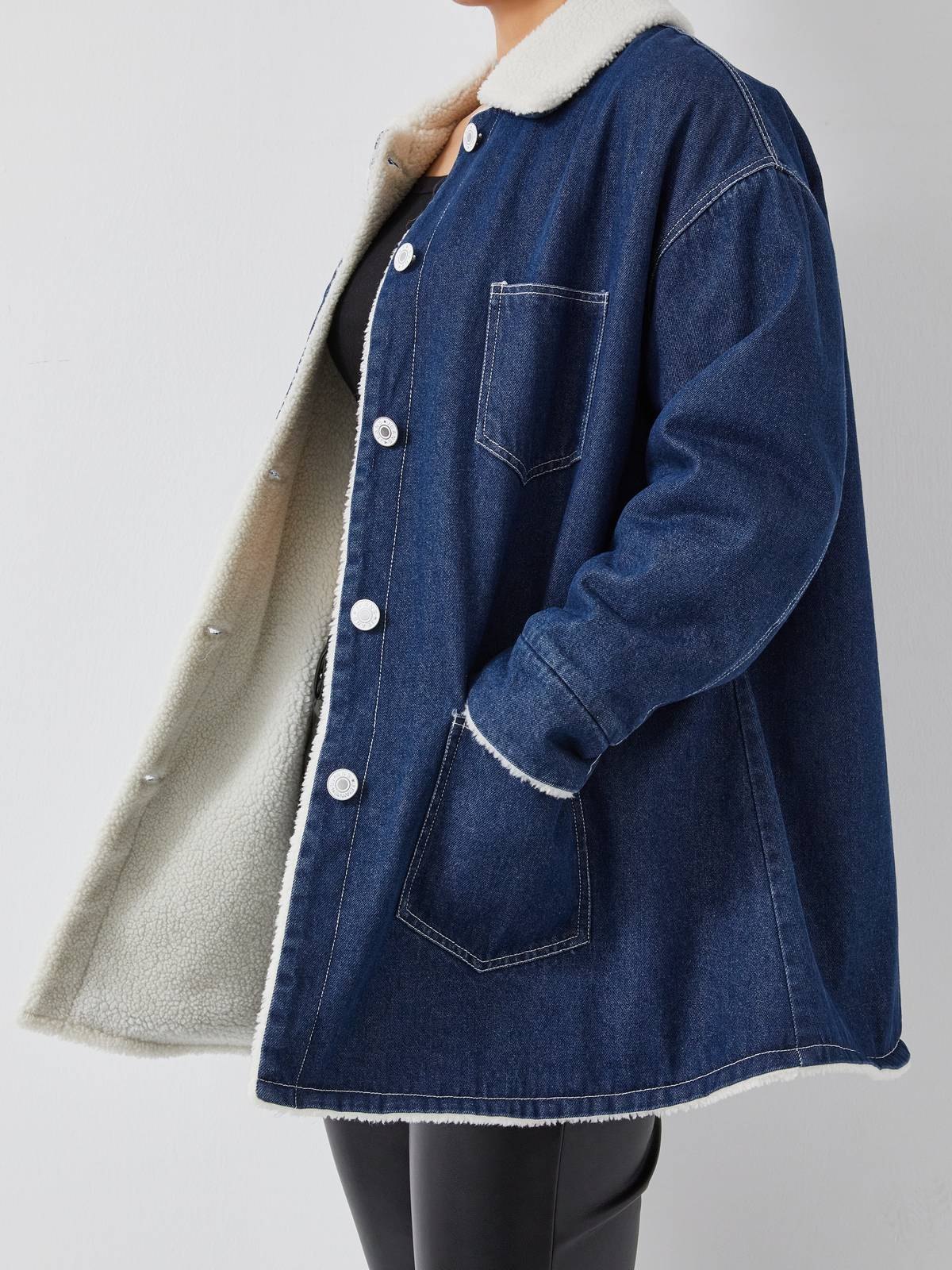 Emmiol Free shipping 2025 Faux Shearling Denim Long Jacket Blue S in ...