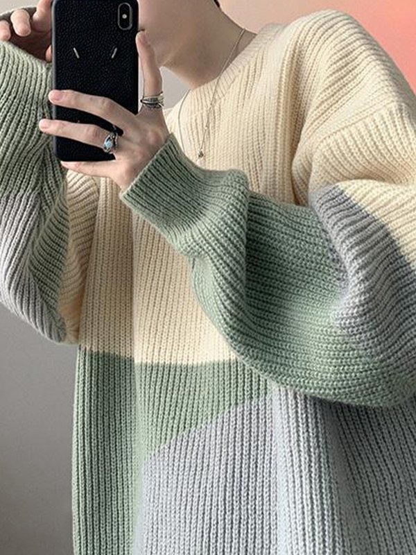 Emmiol Free shipping 2023 Men's Color Block Pullover Sweater Apricot XL ...