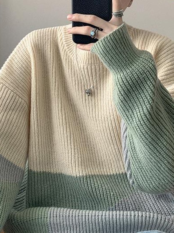 Emmiol Free shipping 2023 Men's Color Block Pullover Sweater Apricot XL ...