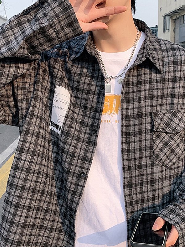 2023 Men's Label Patch Checkered Long Sleeve Shirt Black M In Long ...