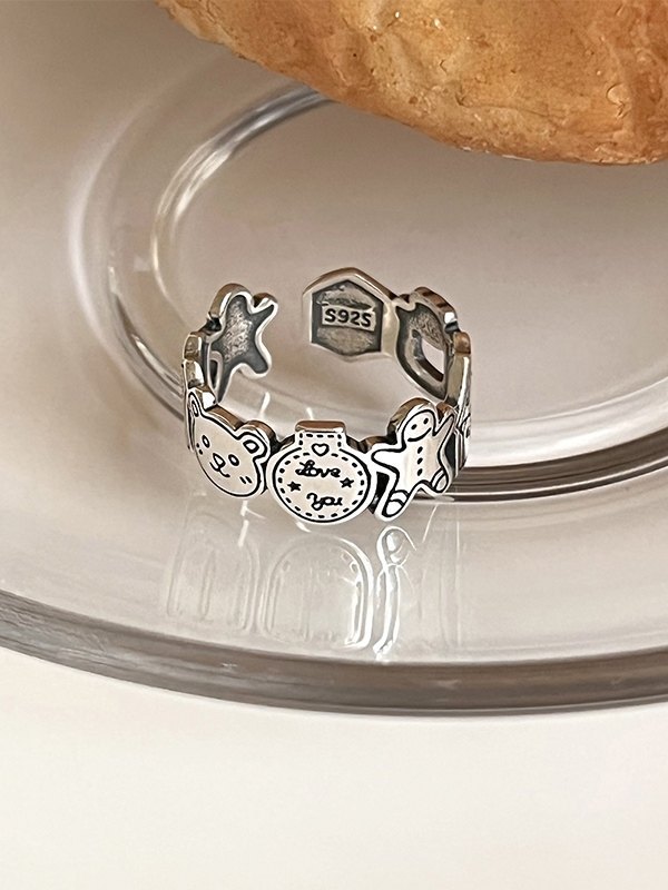 Emmiol Free shipping 2025 Gingerbread Man Cartoon Cuff Ring Silver ONE ...