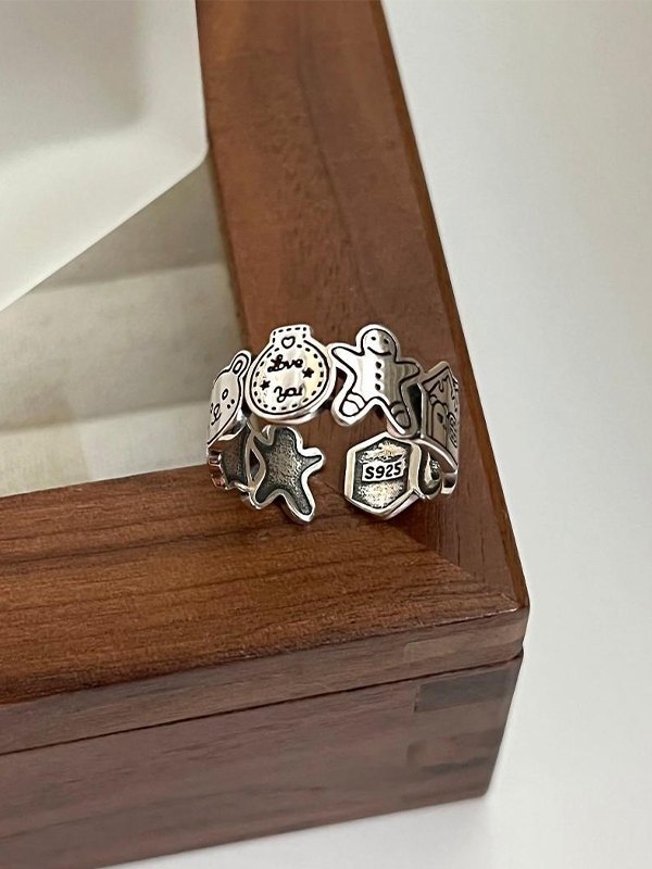 Emmiol Free shipping 2025 Gingerbread Man Cartoon Cuff Ring Silver ONE ...