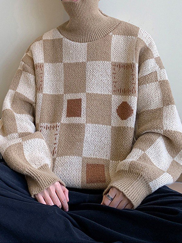 Emmiol Free shipping 2025 Men's Vintage Checkered Turtleneck Pullover ...