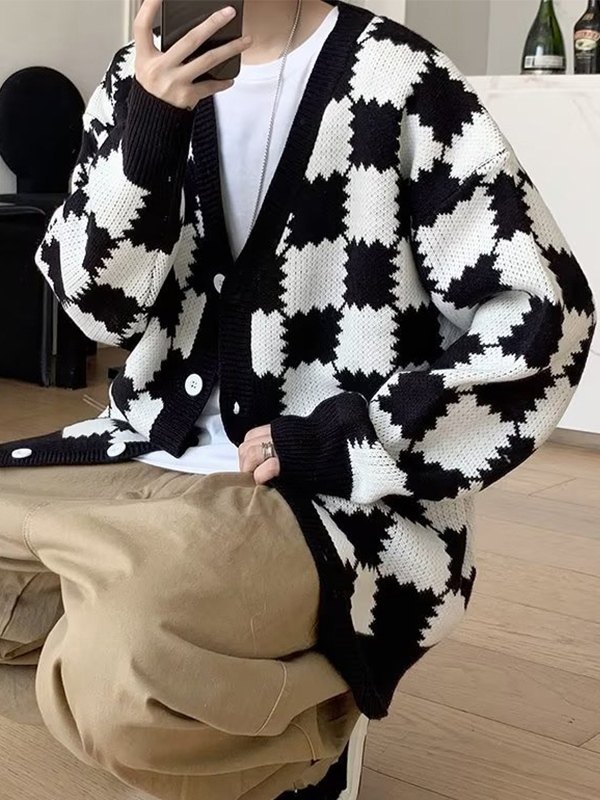 Emmiol Free shipping 2026 Men's V Neck Checkered Button Front Cardigan ...