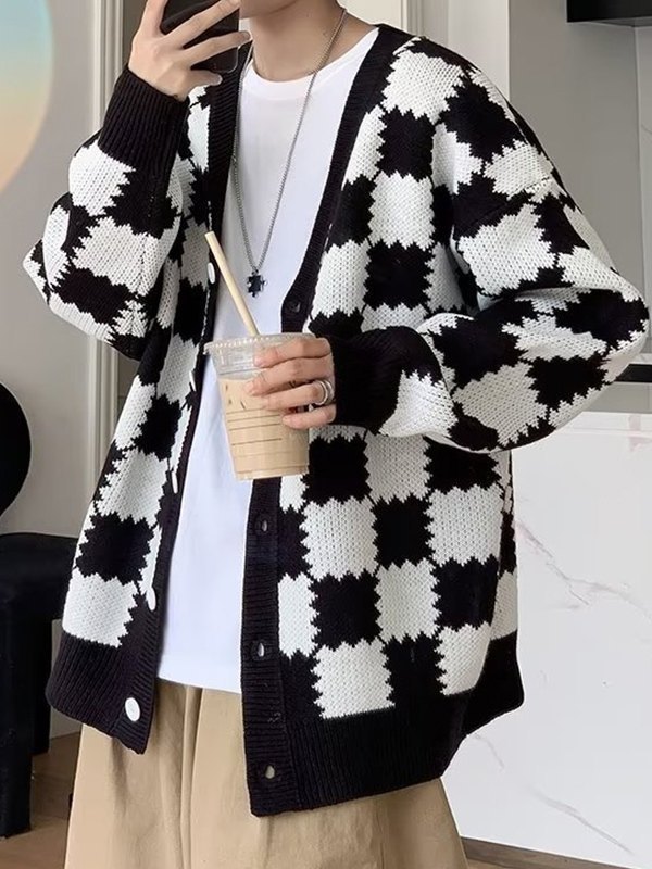 Emmiol Free shipping 2026 Men's V Neck Checkered Button Front Cardigan ...