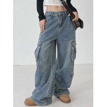 Emmiol Free shipping 2026 Pocket Patch Boyfriend Fit Cargo Jeans Blue S ...