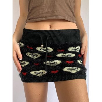 Emmiol Free shipping 2025 Heart Jacquard Fuzzy Knit Mini Skirt Black S ...