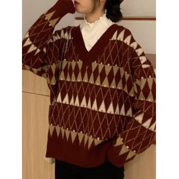 Emmiol Free shipping 2026 Rhombus Pattern V Neck Knit Sweater Red ONE ...