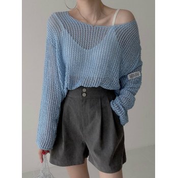 Emmiol Free shipping 2026 Oversized Hollow Out Crochet Knit Top Blue ...