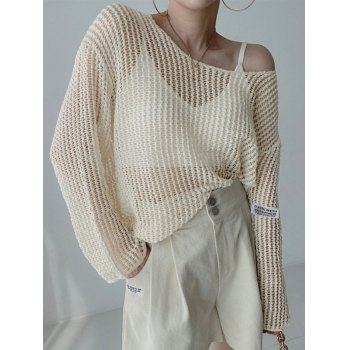 Emmiol Free shipping 2026 Oversized Hollow Out Crochet Knit Top Beige ...