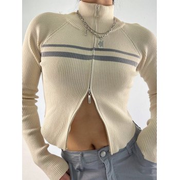 Emmiol Free shipping 2023 Backless Striped Zip Up Cropped Cardigan ...
