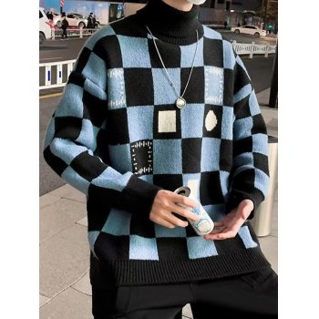 Emmiol Free shipping 2025 Men's Vintage Checkered Turtleneck Pullover ...