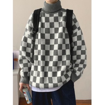 Emmiol Free shipping 2025 Men's Checkered Turtleneck Knit Sweater Gray ...
