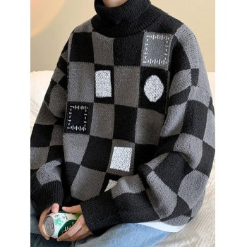 Emmiol Free shipping 2025 Men's Vintage Checkered Turtleneck Pullover ...