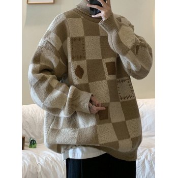 Emmiol Free shipping 2025 Men's Vintage Checkered Turtleneck Pullover ...